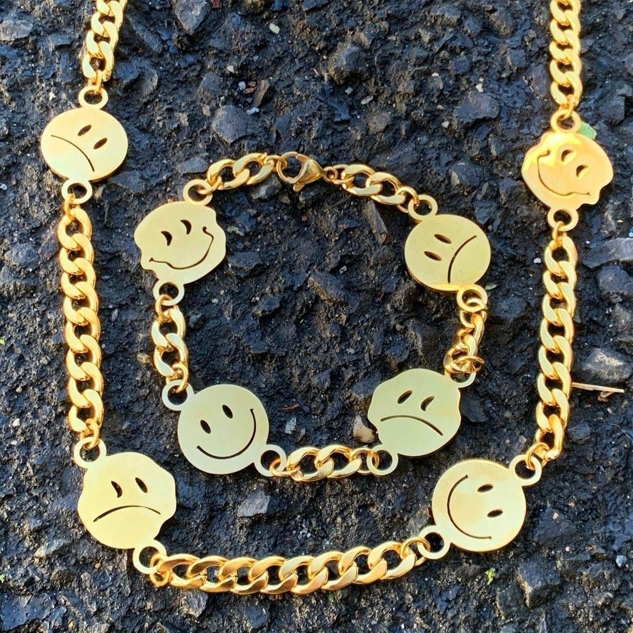 Cuban Link Chain Mood Necklace + Bracelet Set | Gold Mood Chain Set ...