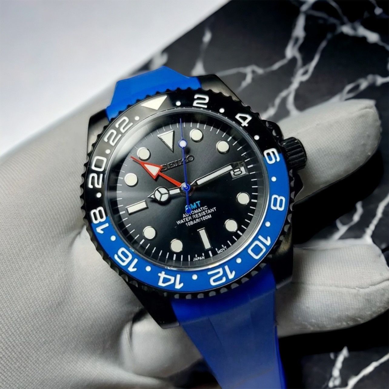Japanese Brand × Seiko Seiko Mod GMT Master Batman Black Steel Watch 41 ...