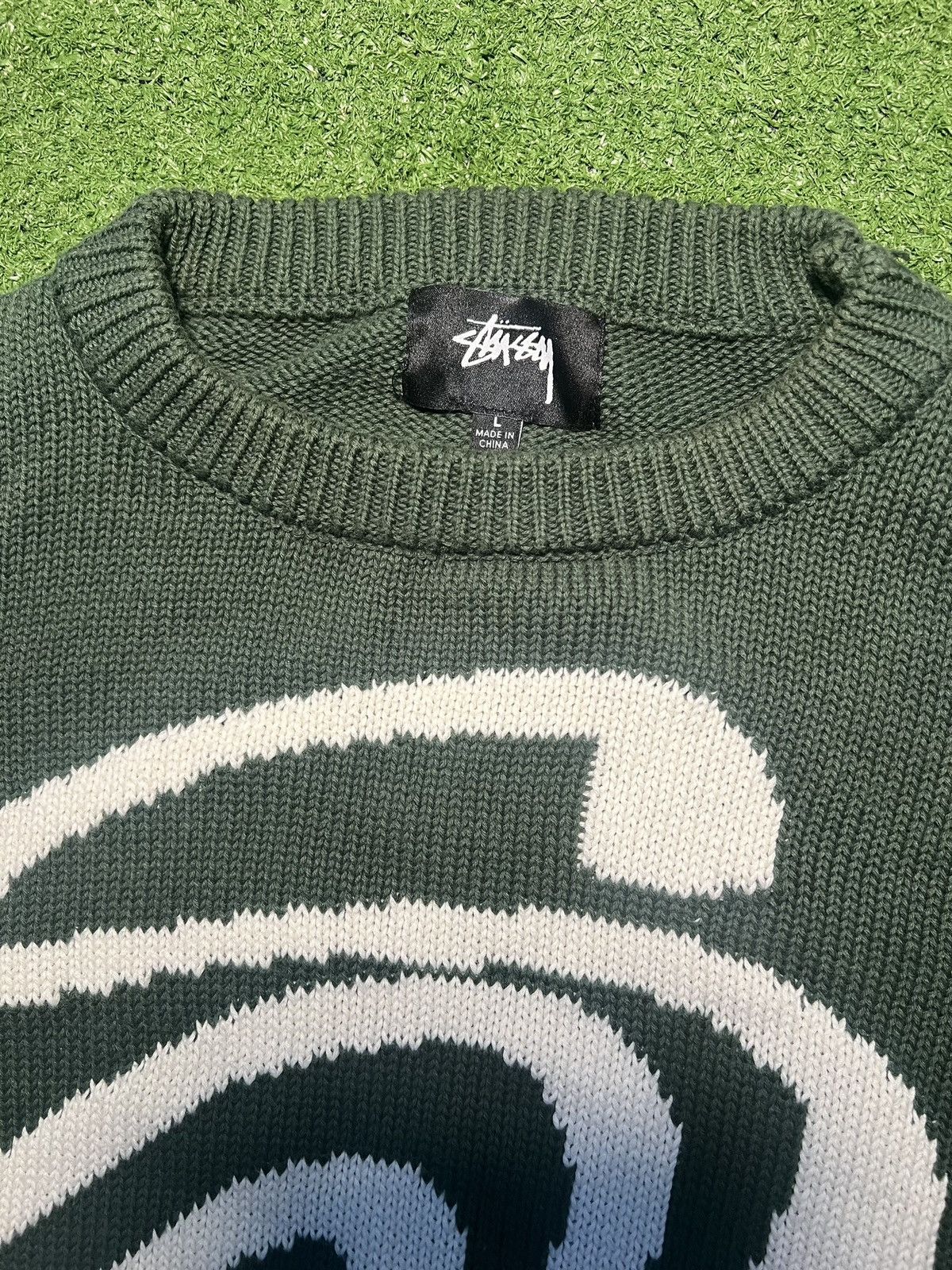 Vintage Stussy Curly S logo green knit Sweater | Grailed