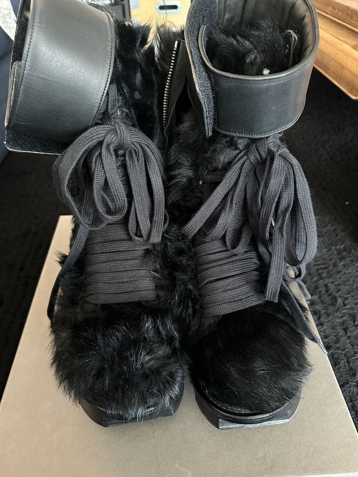 Rick Owens Furry Pony Skin Plinth Boots in Black | Grailed