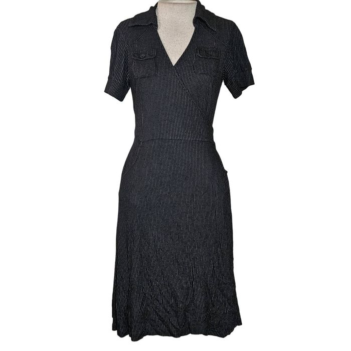 Banana Republic Black And White Pinstriped Wrap Dress With Pockets