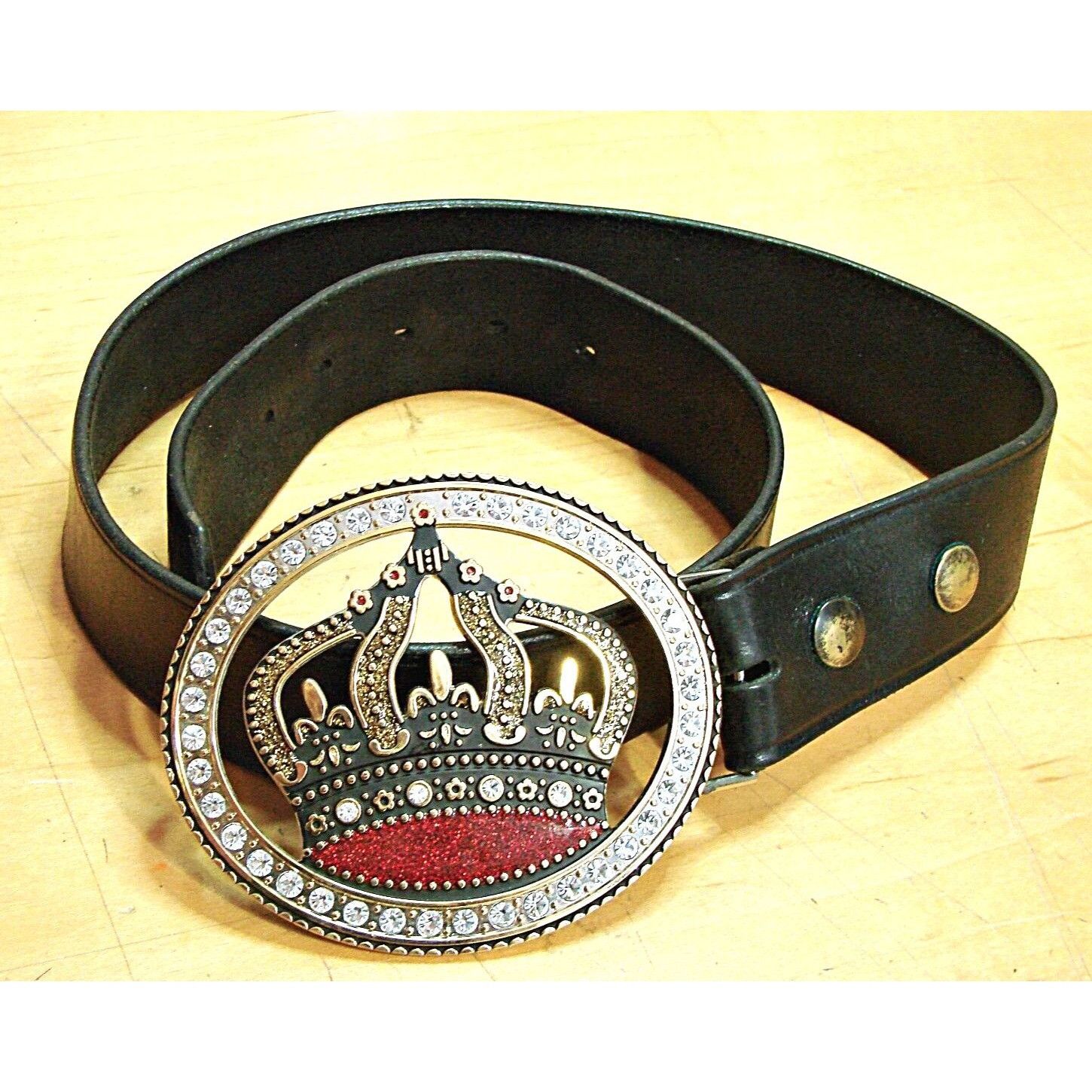 Vintage King Queen Crown Belt Rhinestone Bling Large Buckle Wide Bla ...