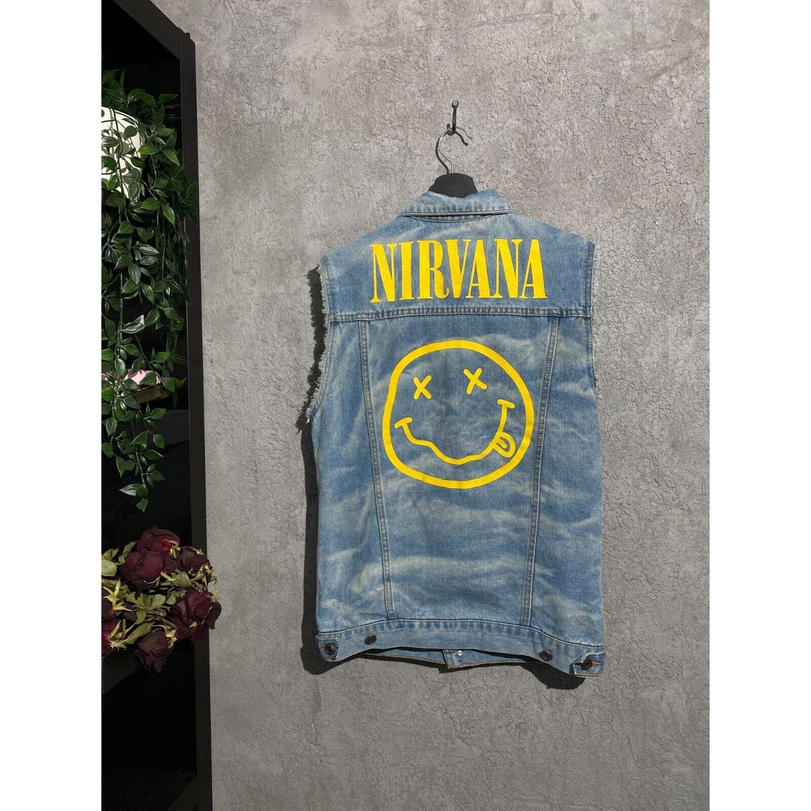 Vintage NIRVANA FADED DENIM JACKET VEST GRUNGE ROCK KURT COBAIN Y2K ...