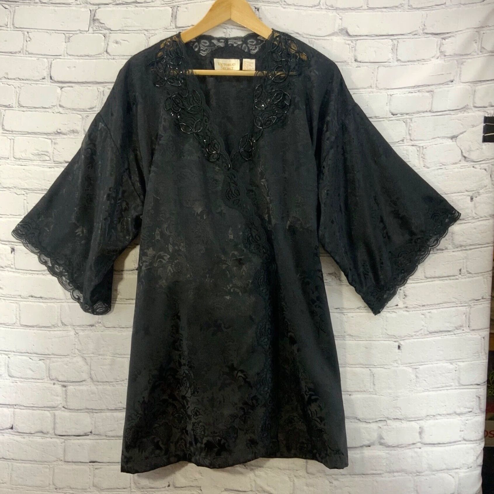 Victoria's Secret Silky Lace Trimmed Black Kimono Robe in Vintage 90's ...