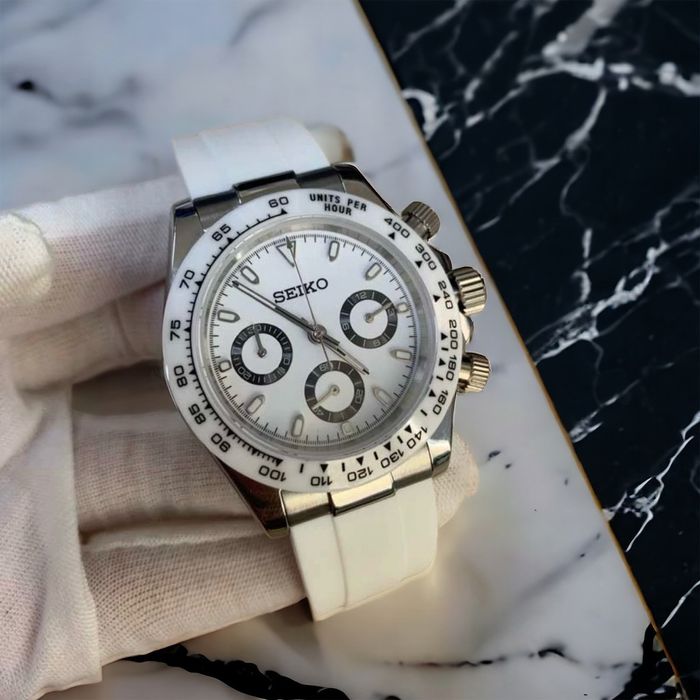 Seiko Seiko Mod Daytona White Dial Rubber Strap 41mm luxury Watch | Grailed