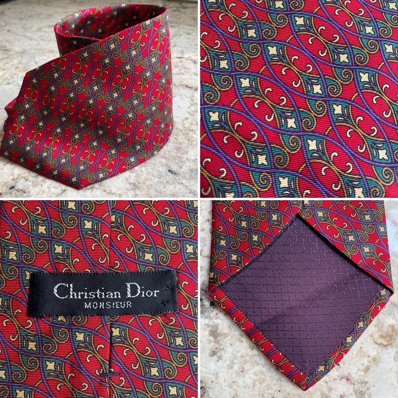Dior Christian Dior Monsieur Scroll Pattern Tie Red Ivory Green | Grailed