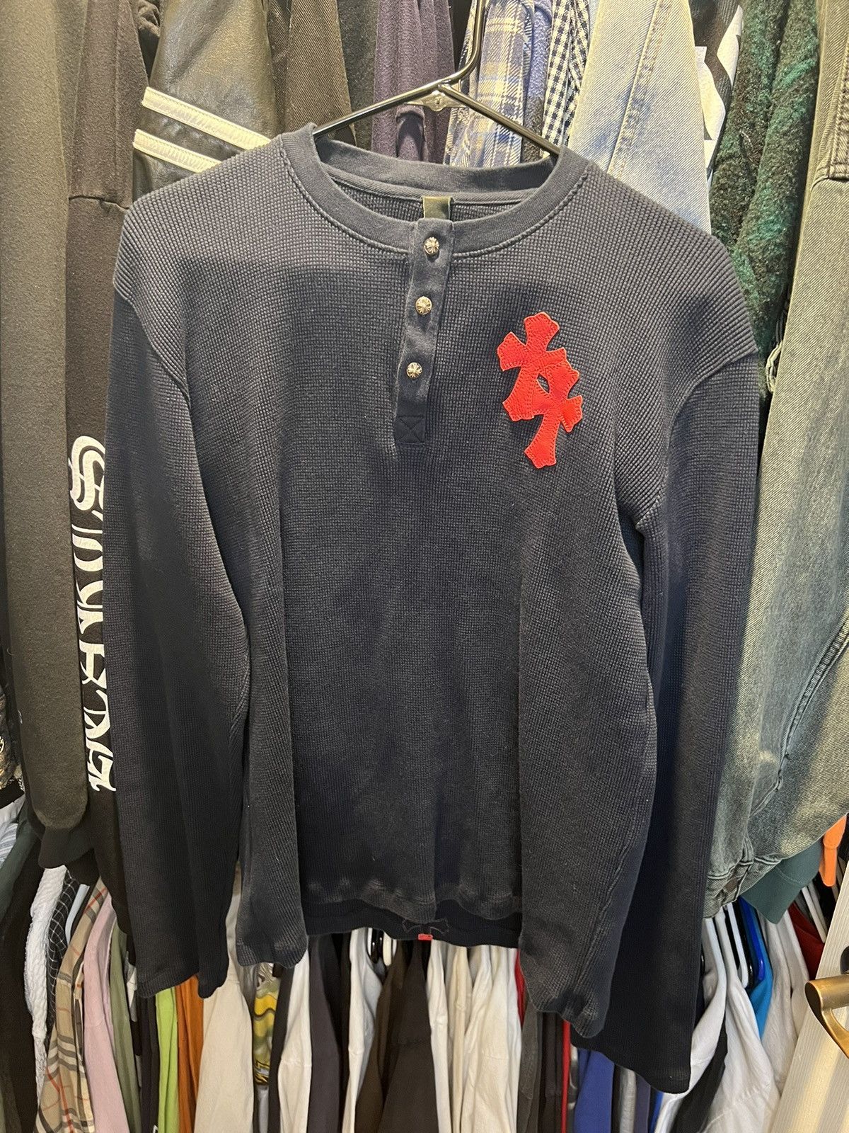 Chrome Hearts Waffle thermal knit leather cross patch Henley long ...