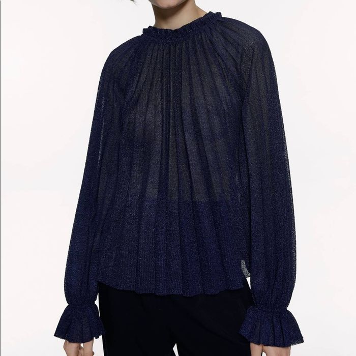 Zara Zara Accordion Pleated Bell Sleeve Blouse Ruffle High Neck | Grailed