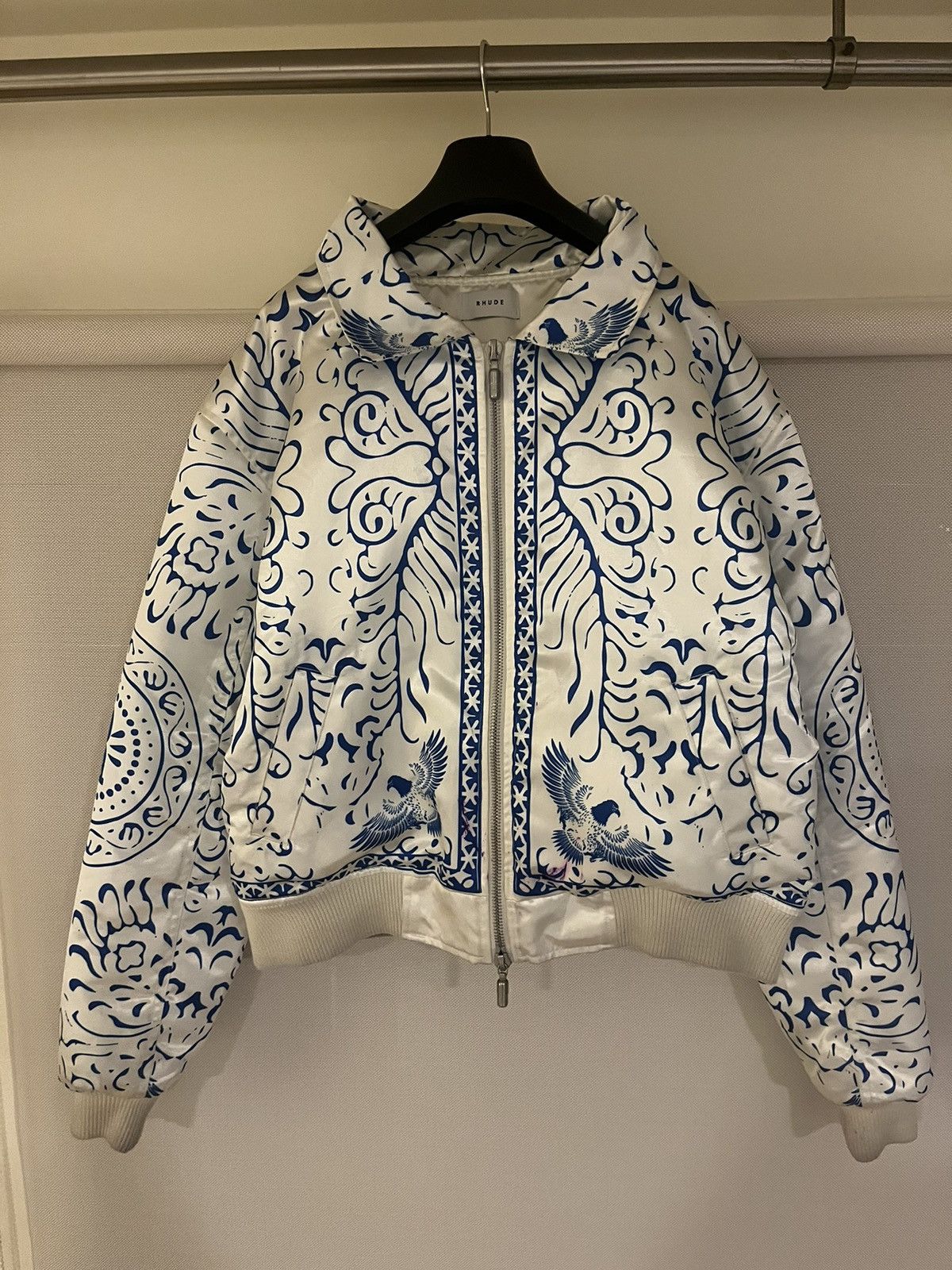 Rhude Rhude white and blue tile bomber jacket | Grailed