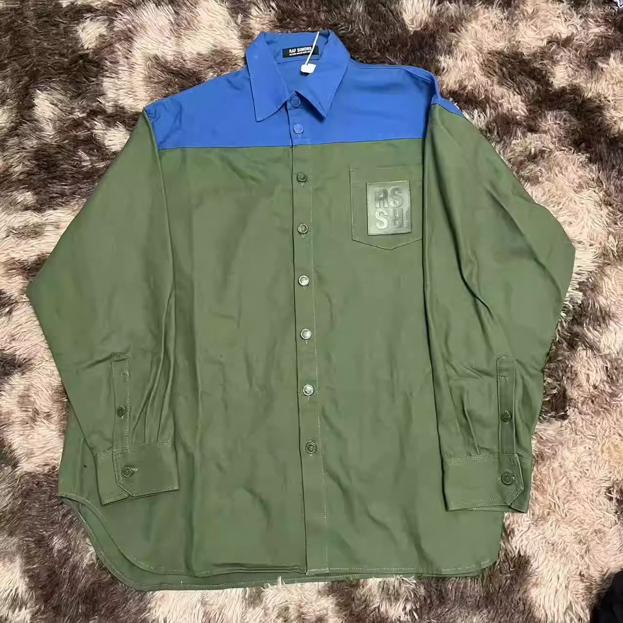 Raf Simons 22FW silhouette blue and green patchwork denim jacket | Grailed