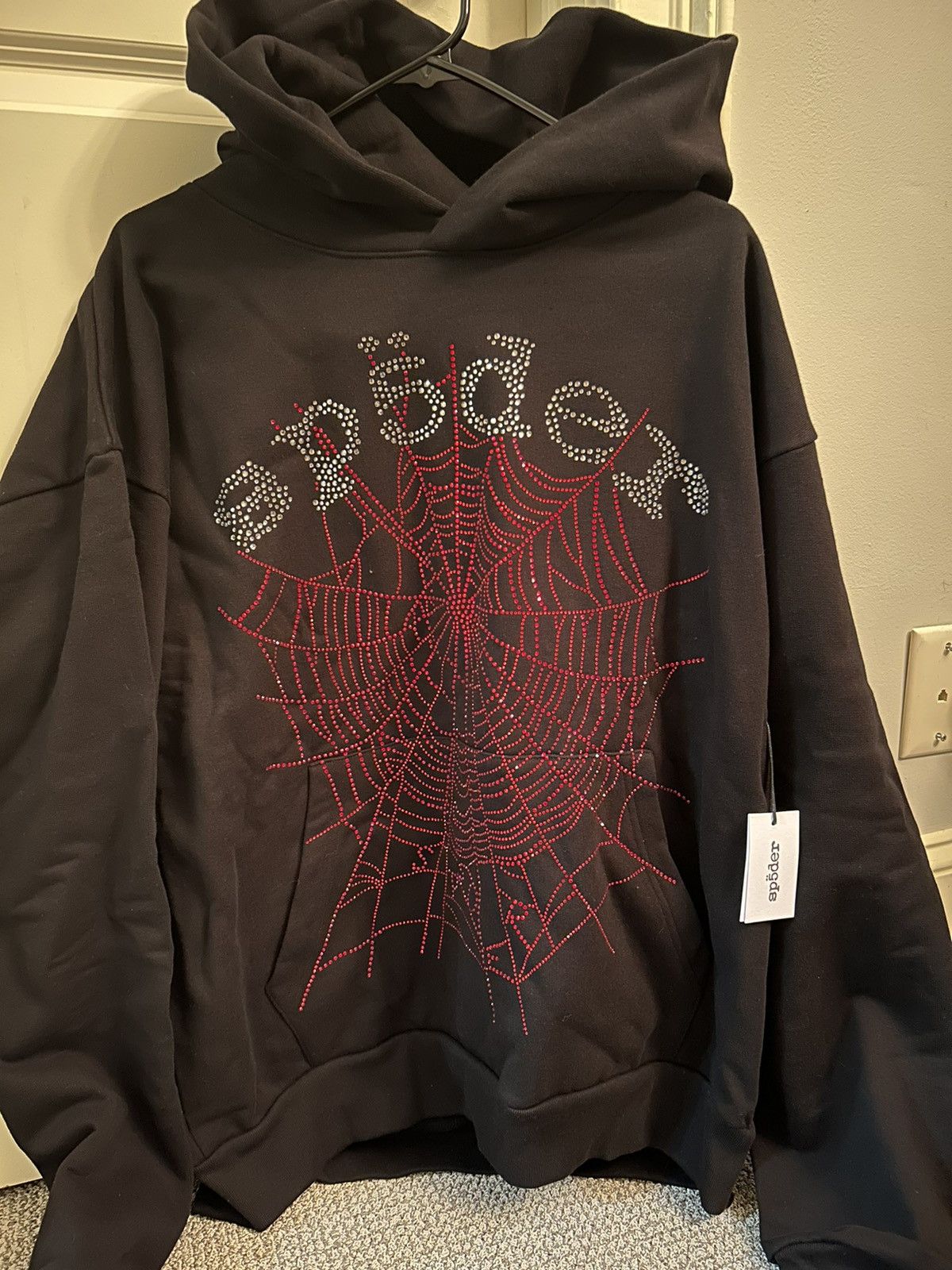 Spider Worldwide SP5DER Black Rhinestone OG Web V2 Hoodie XL | Grailed