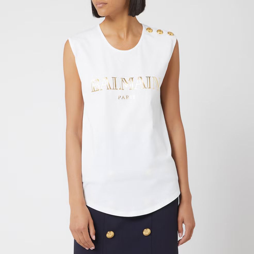 Balmain White Metallic Gold Logo Lion Buttons Tank Top | Grailed