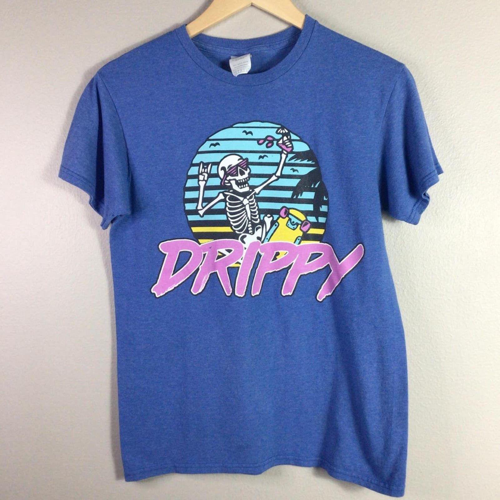 Streetwear Drippy 90s Retro Skeleton skater 80s party shirt Blue Small ...