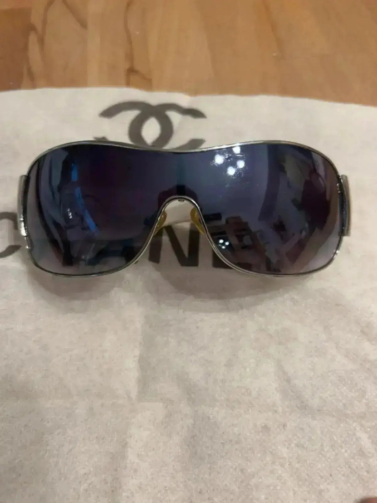 Chanel × Vintage CHANEL Sunglasses Rimless Rhinestone Wrap Shield Ski ...