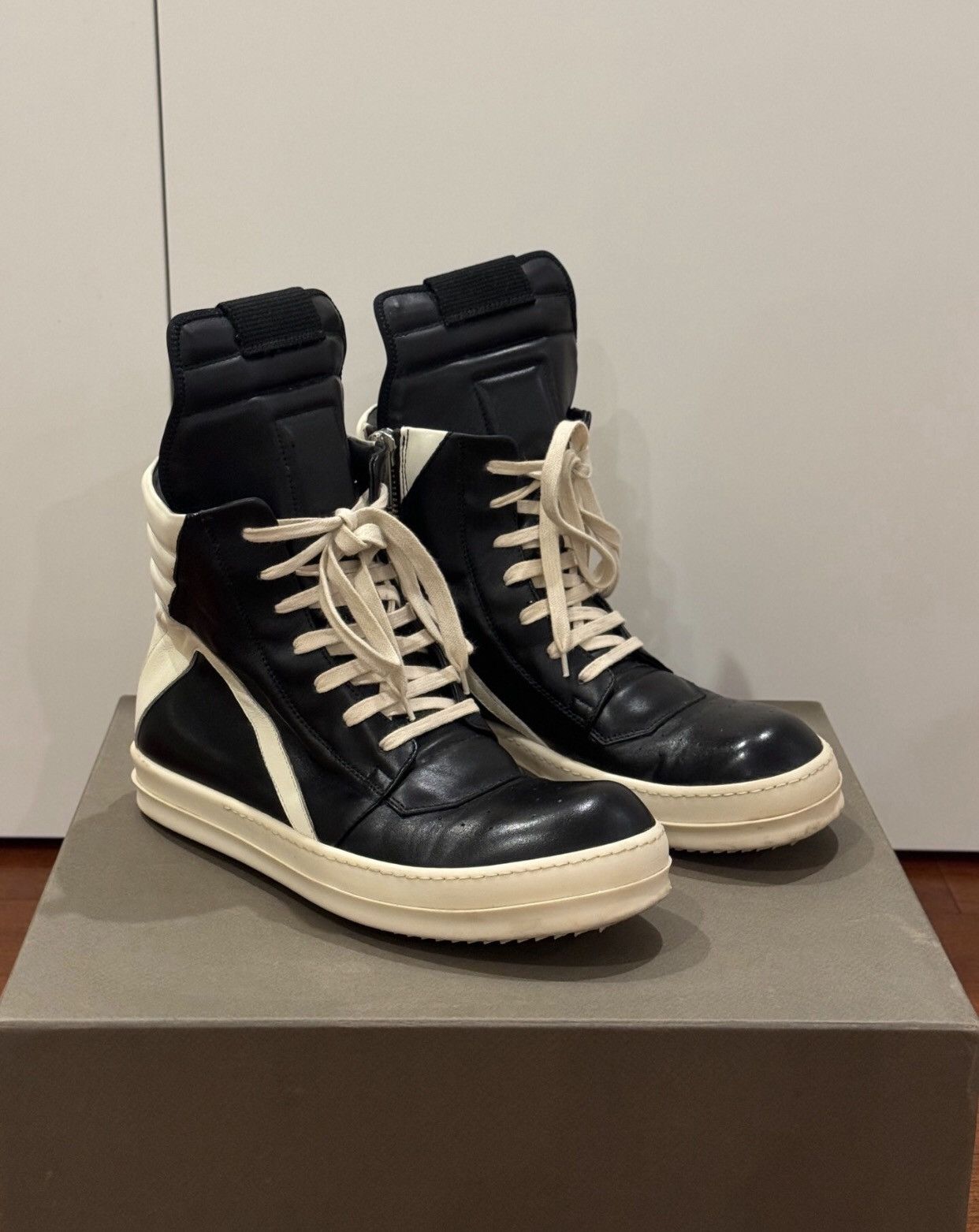 Rick Owens Rick Owens Geobasket black and white inverted triangle shoes ...