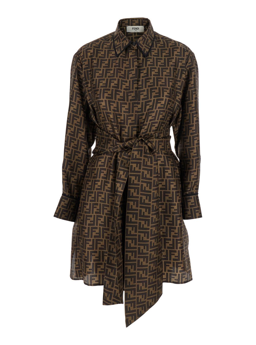 Fendi Brown Shirt Dress with Monogram Logo Print All-Over in Silk Woman ...