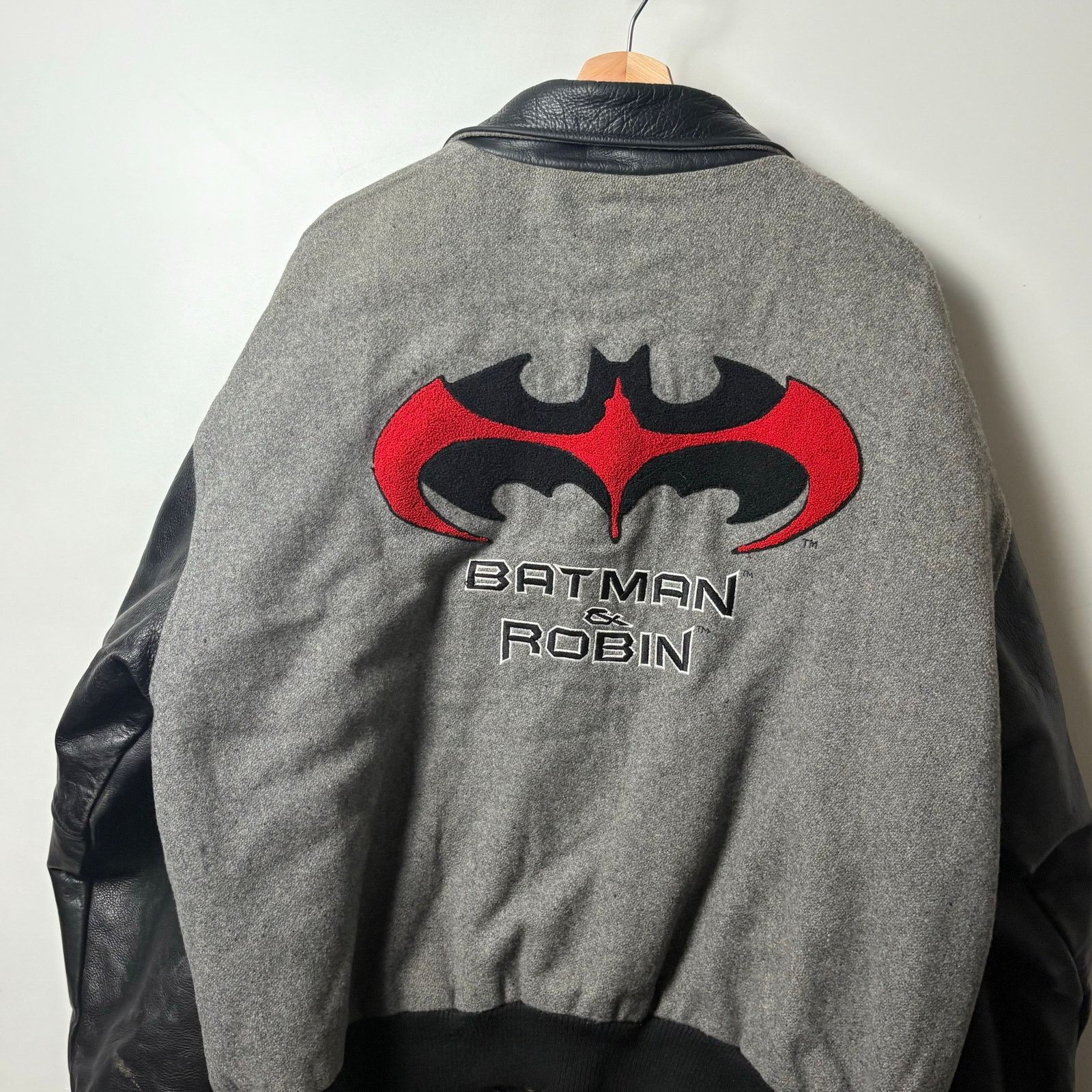 Vintage 1997 Batman & Robin grey leather Varsity Jacket | Grailed