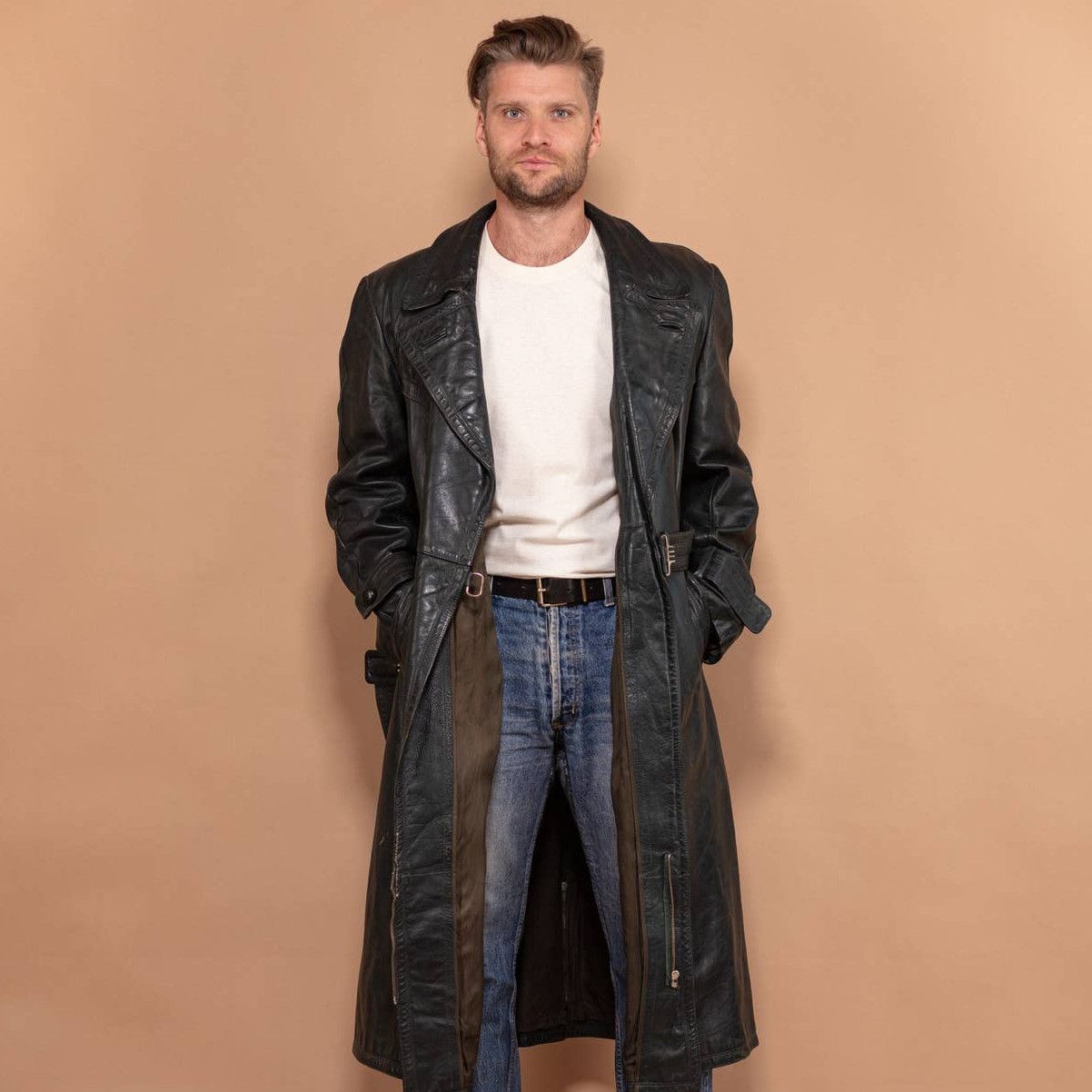 Leather Jacket Vintage 40's Men Leather Trench Coat in Black | Grailed