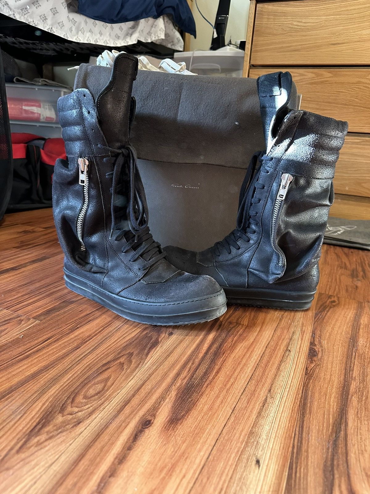 Rick Owens Rick owens reverse leather triple black cargo baskets | Grailed