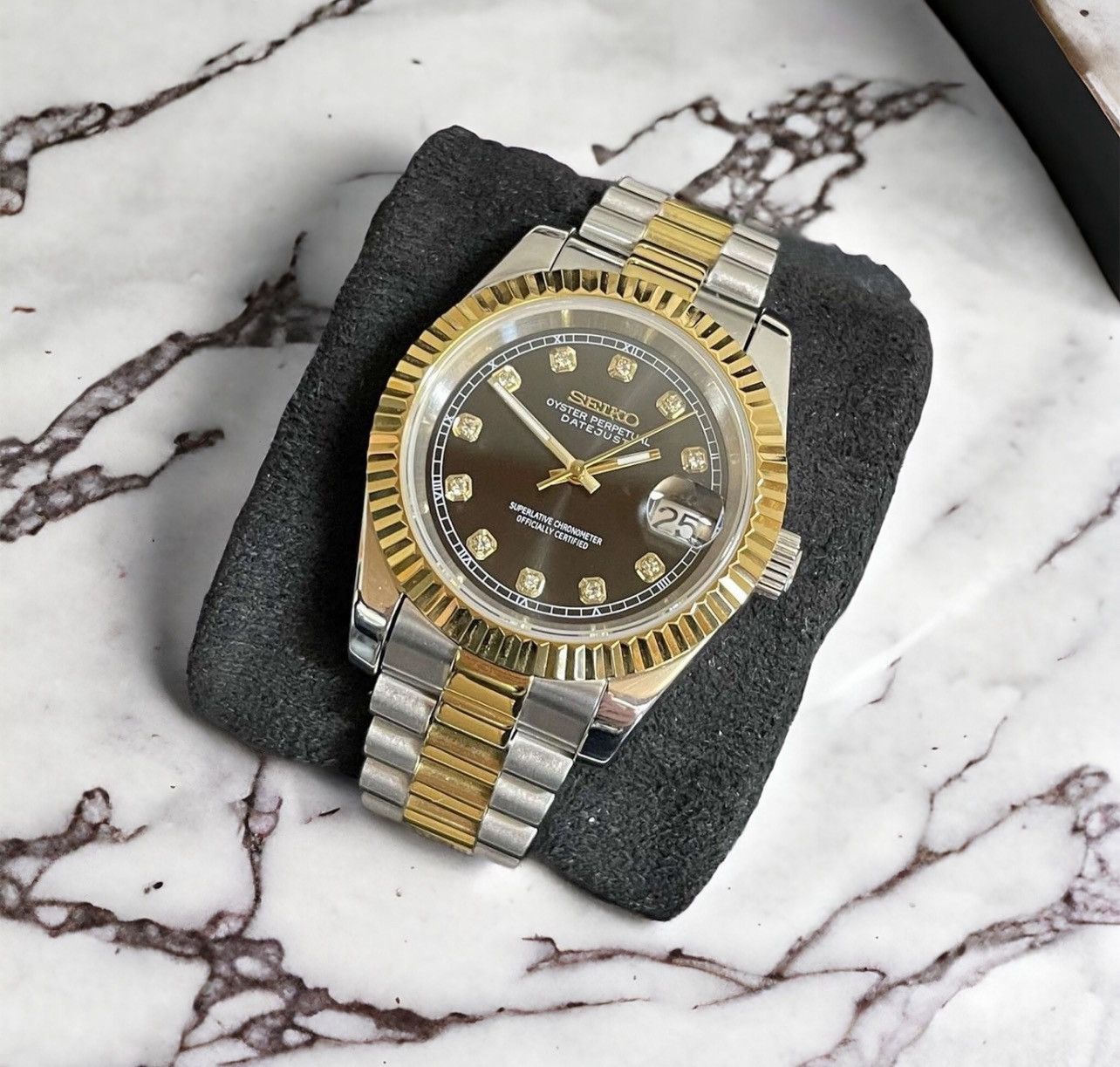 Japanese Brand × Seiko Seiko Mod Datejust Black Dial Gold Steel ...