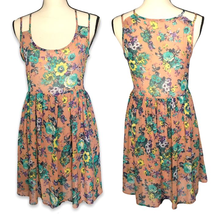 Bar Iii Bar III Mini Dress Sz M Tan Aqua Sheer Bodice Floral Lined ...