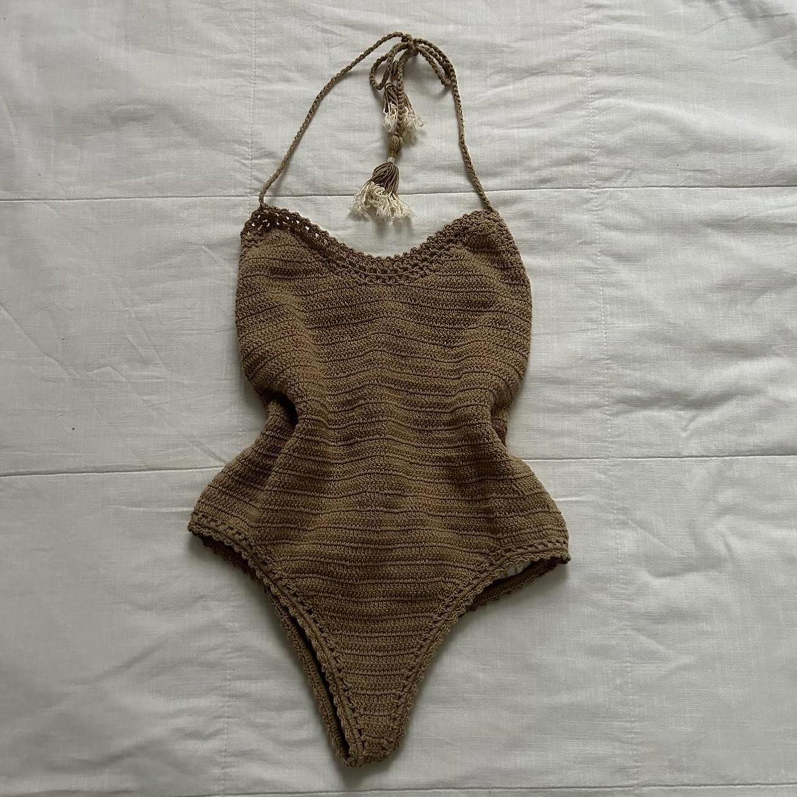 Designer She Made Me Handmade Tan crochet one piece swimsuit | Grailed