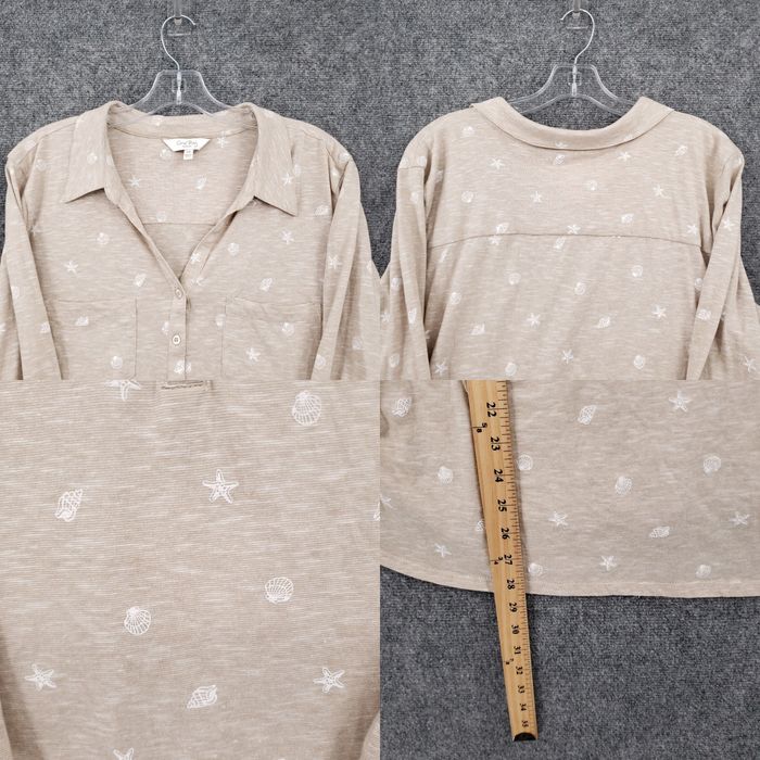 Vintage Coral Bay Blouse Women 1X Plus Beige Seashell Print Collared 3/ ...