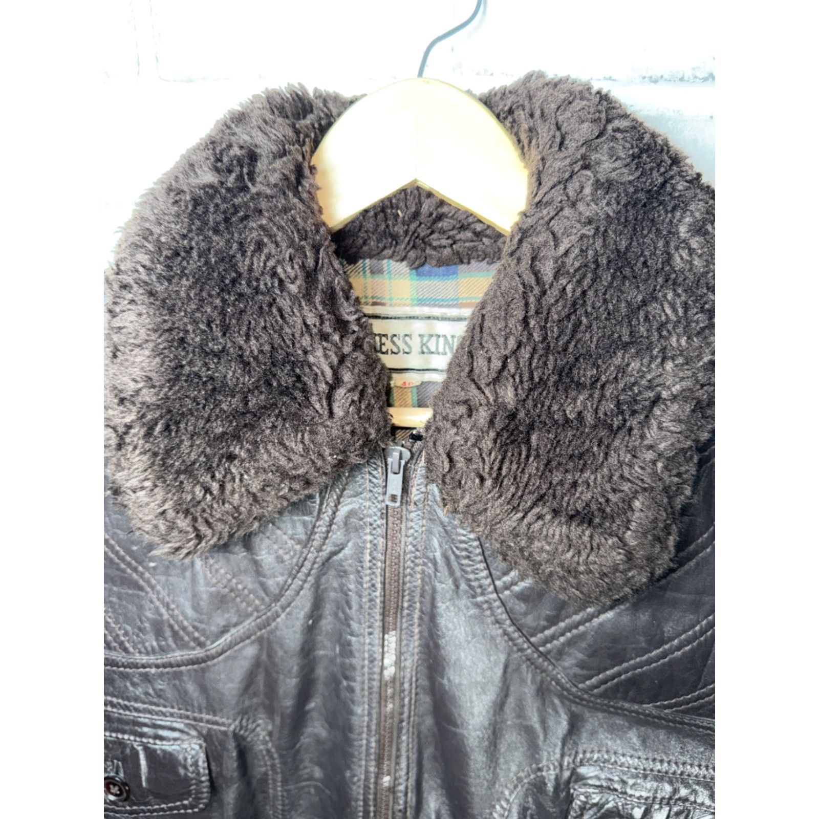 Vintage Chess King Mens Brown Leather Bomber Jacket Faux Fur Collar XL ...