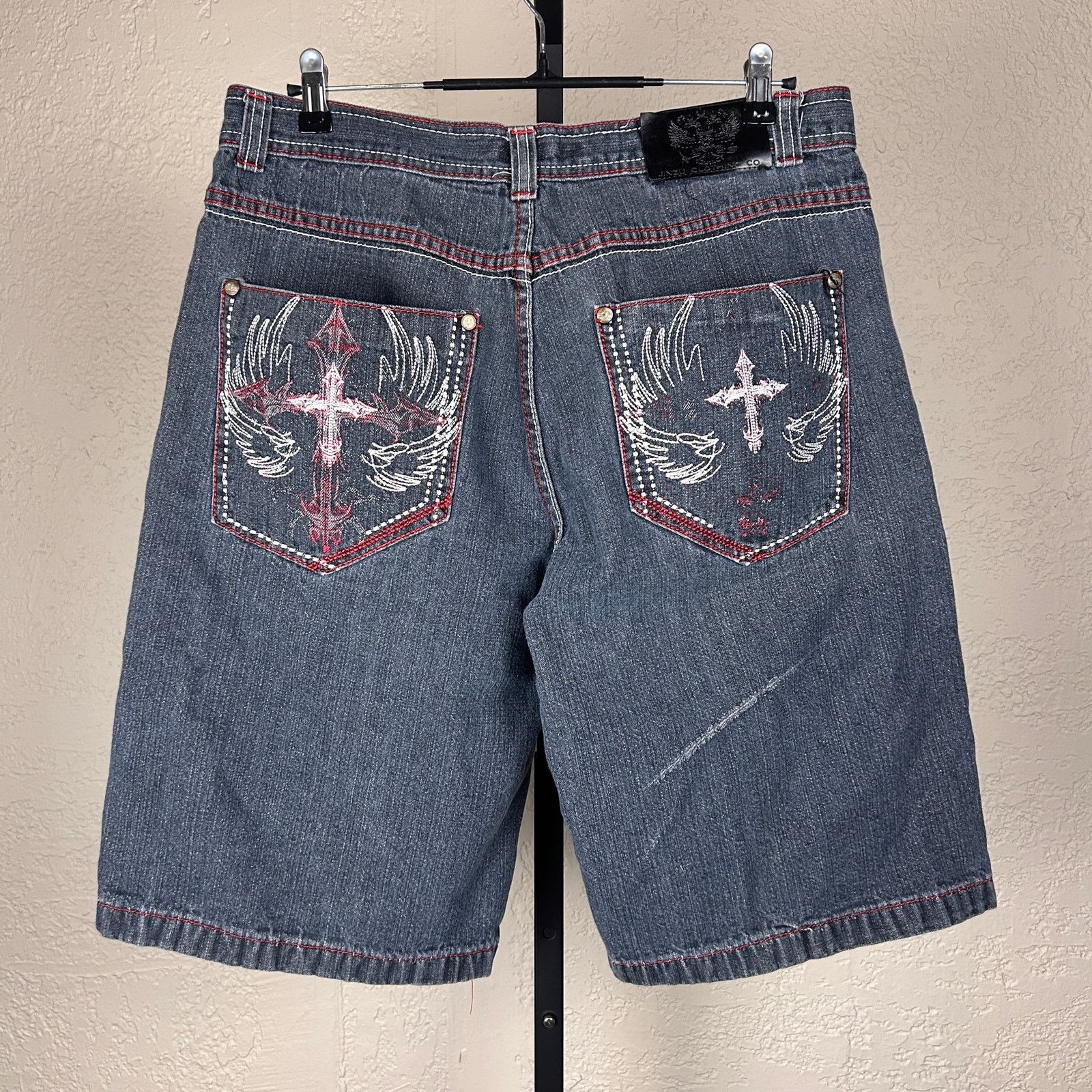 JNCO Jinzu Denim Y2K Crosses and Wings Baggy 36" JNCO Style Jorts | Grailed