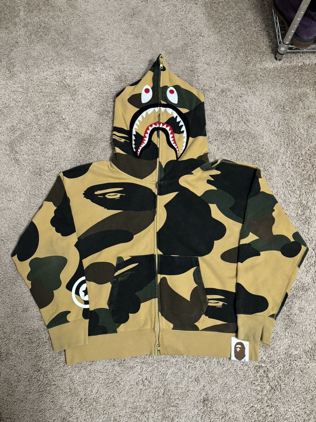 Bape A Bathing Ape Giant 1st Camo Shark Full Zip Hoodie Yellow | Grailed