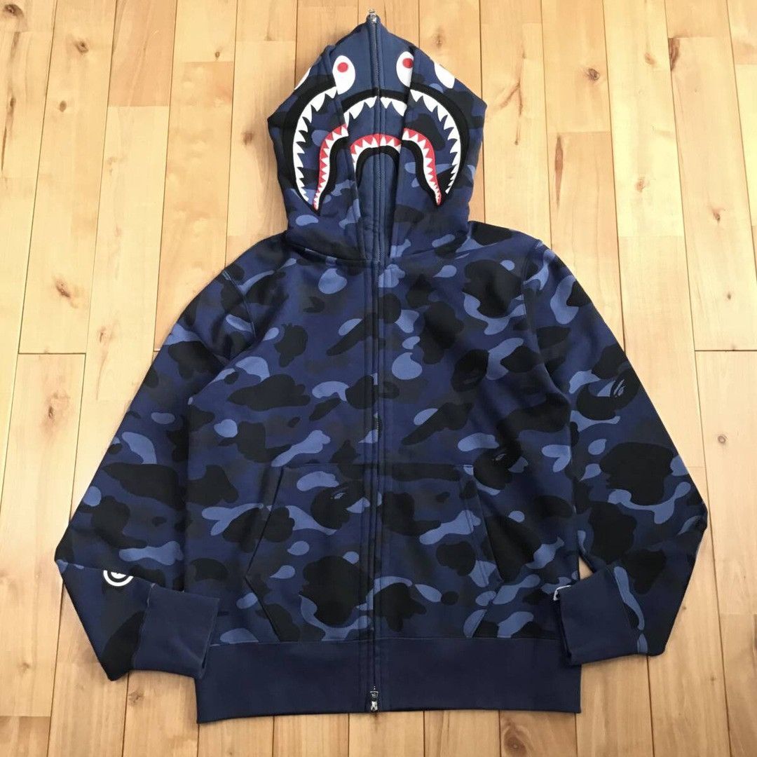Bape BAPE Double Shark Full Zip Hoodie Blue camo a bathing ape | Grailed