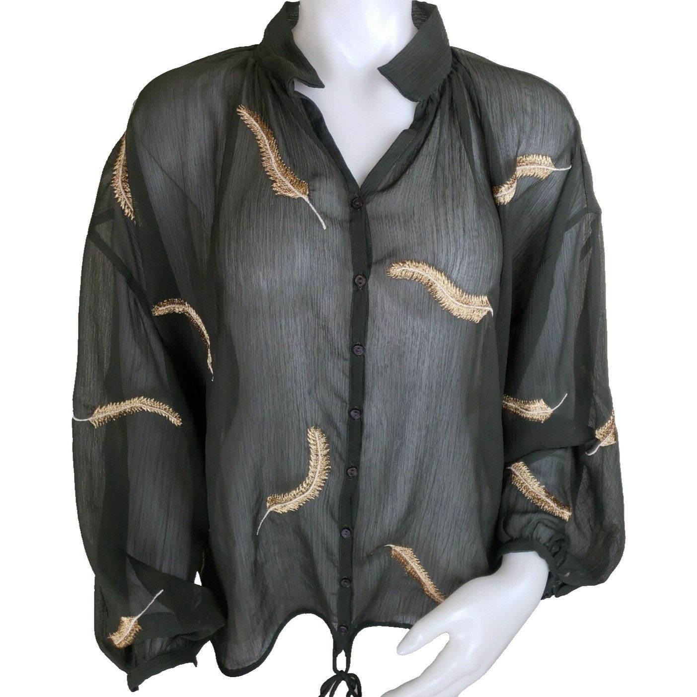 Miss Me Miss Me Sheer Blouse Womens M Olive Green Gold Embroidered F ...