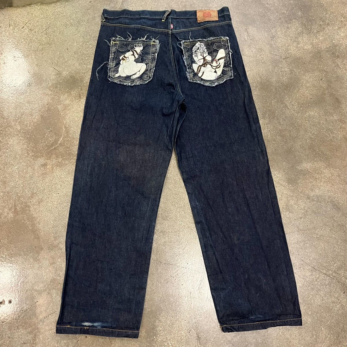 Red Monkey Company 2000s Red Monkey Bondage Embroidered Denim Baggy ...