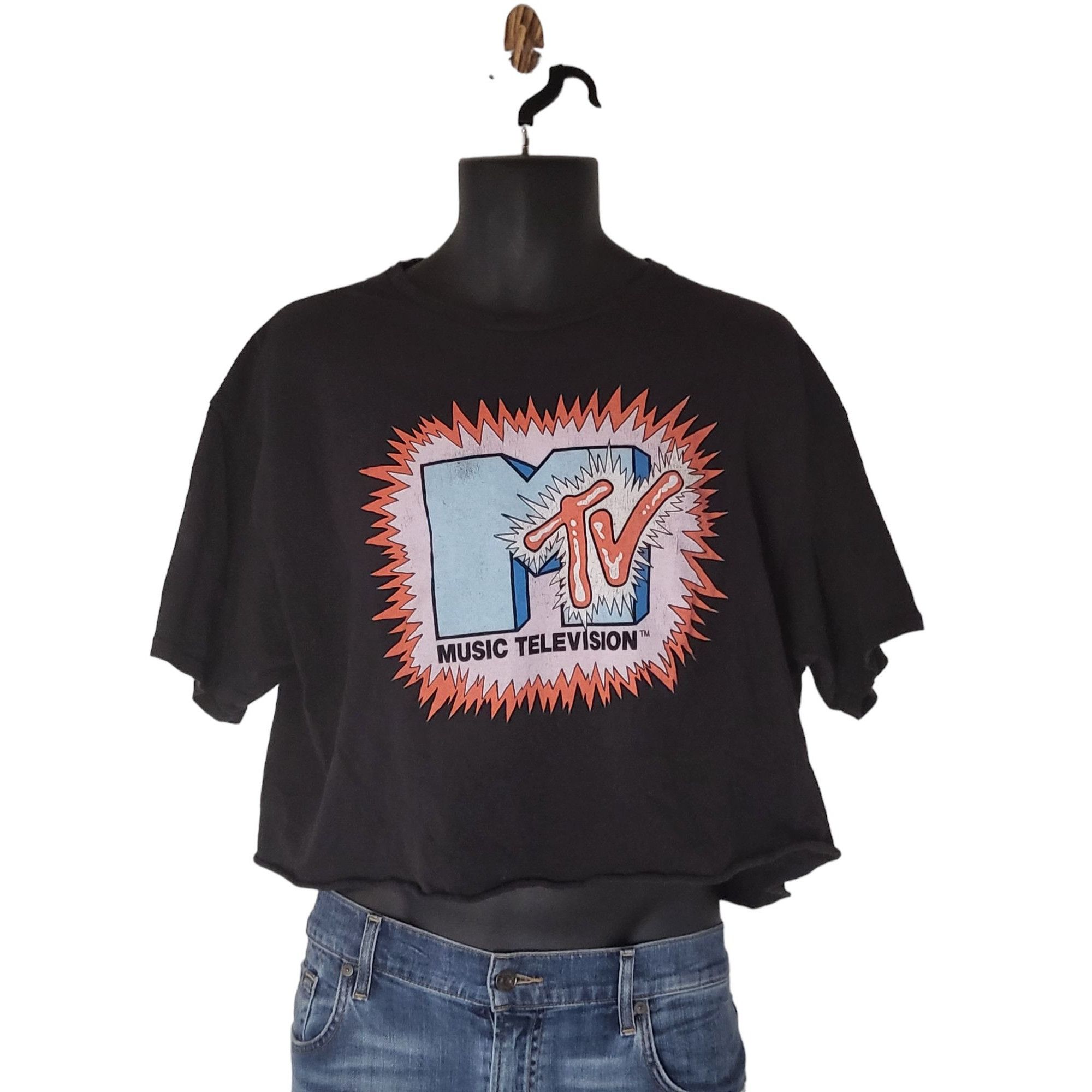 Mtv MTV Retro 80s Crop Top Women Sz L Short Sleeve Big Graphic B | Grailed