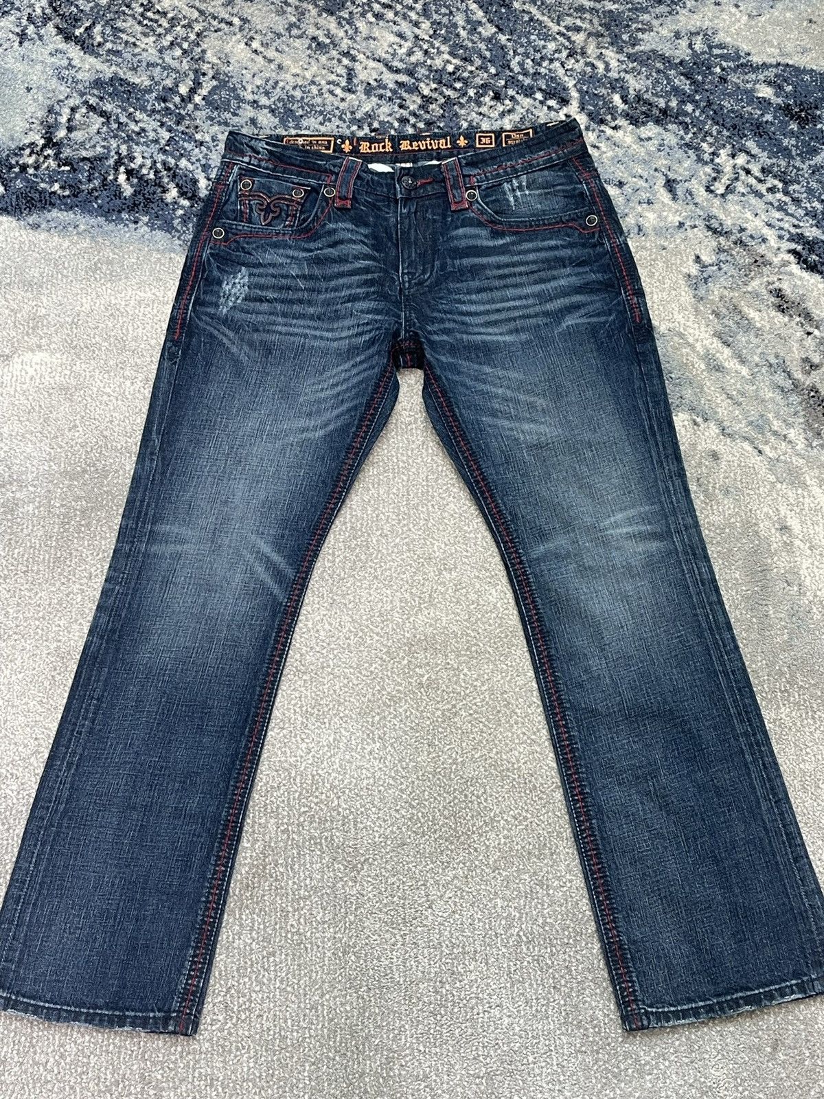 Rock Revival Blue Rock revival jeans with red stitching | Grailed