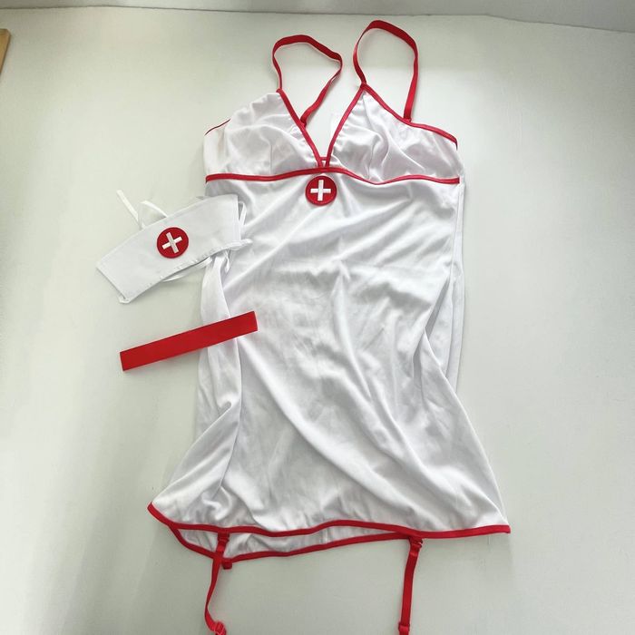 Sandy Liang Yandy Nurse Anita Shot Costume NEW L Mini Dress Choker Hat ...