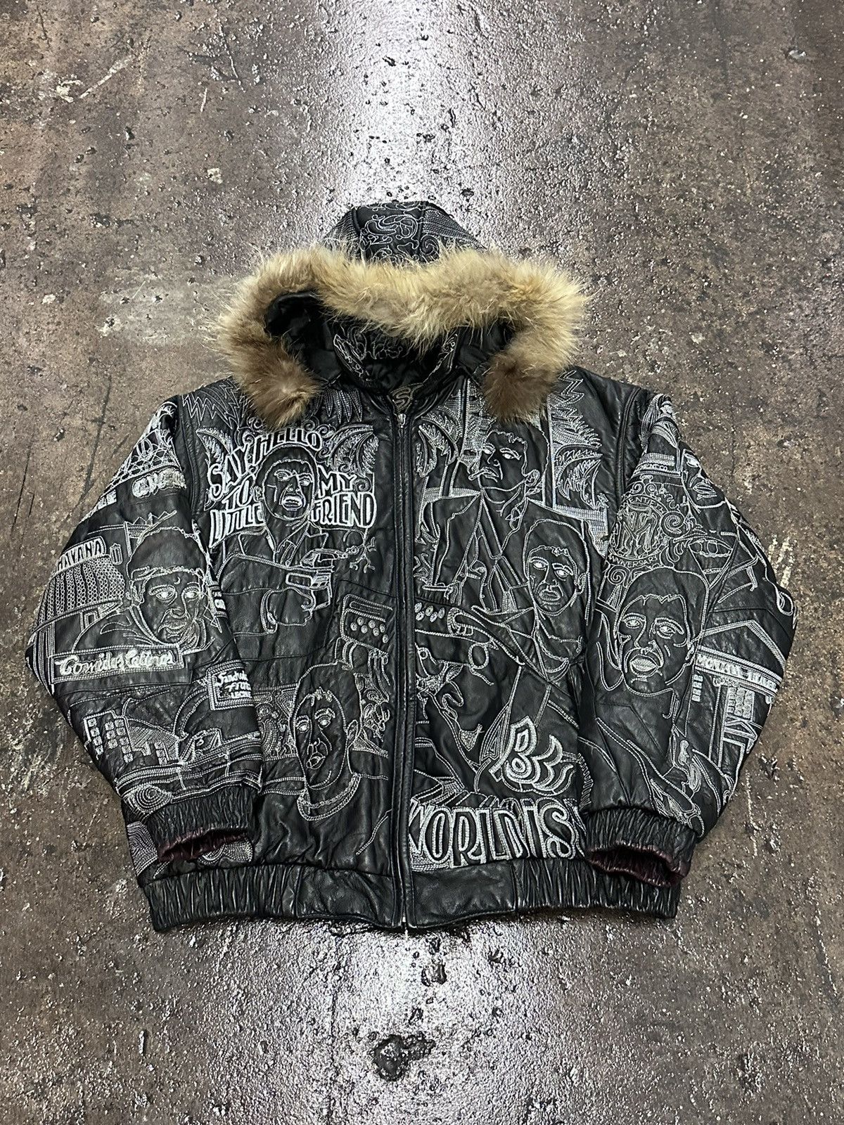 Vintage CRAZY Y2K Scarface Embroidered Leather Jacket Pelle Pelle | Grailed