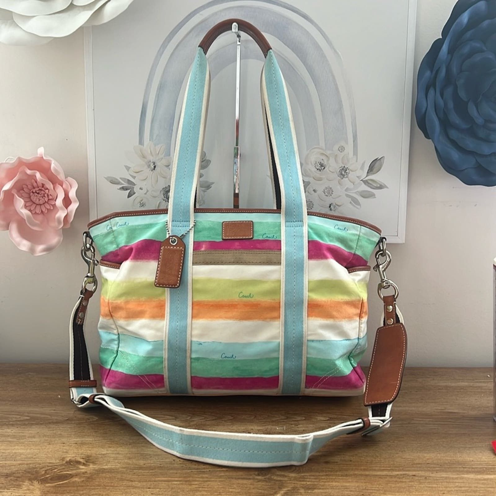 Coach Coach Hampton Style Pastel Watercolor Stripe Diaper Tote Bag ...