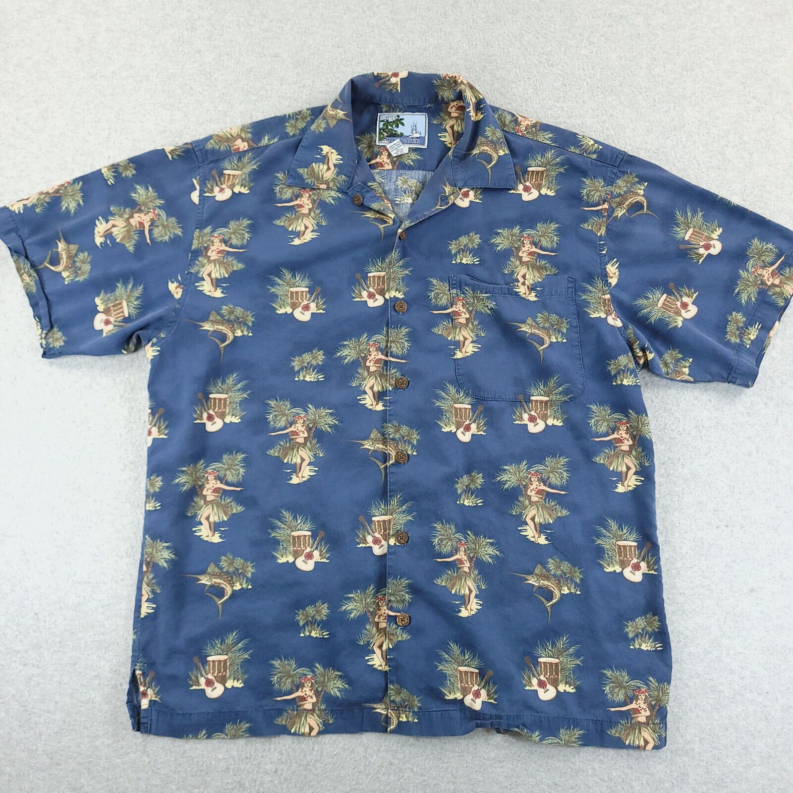 Alohas AFTCO Bluewater Shirt Mens Large Blue Hawaiian Aloha Hula Girl ...