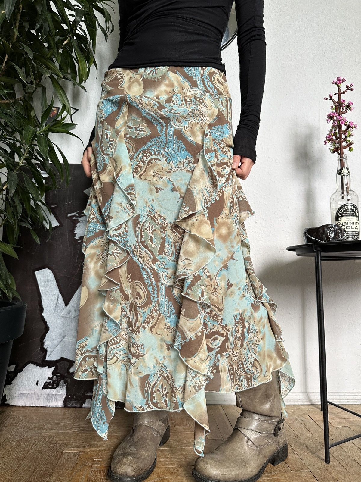 Designer Bohemian Vintage Ruffle Jellyfish Paisley Maxi Skirt | Grailed
