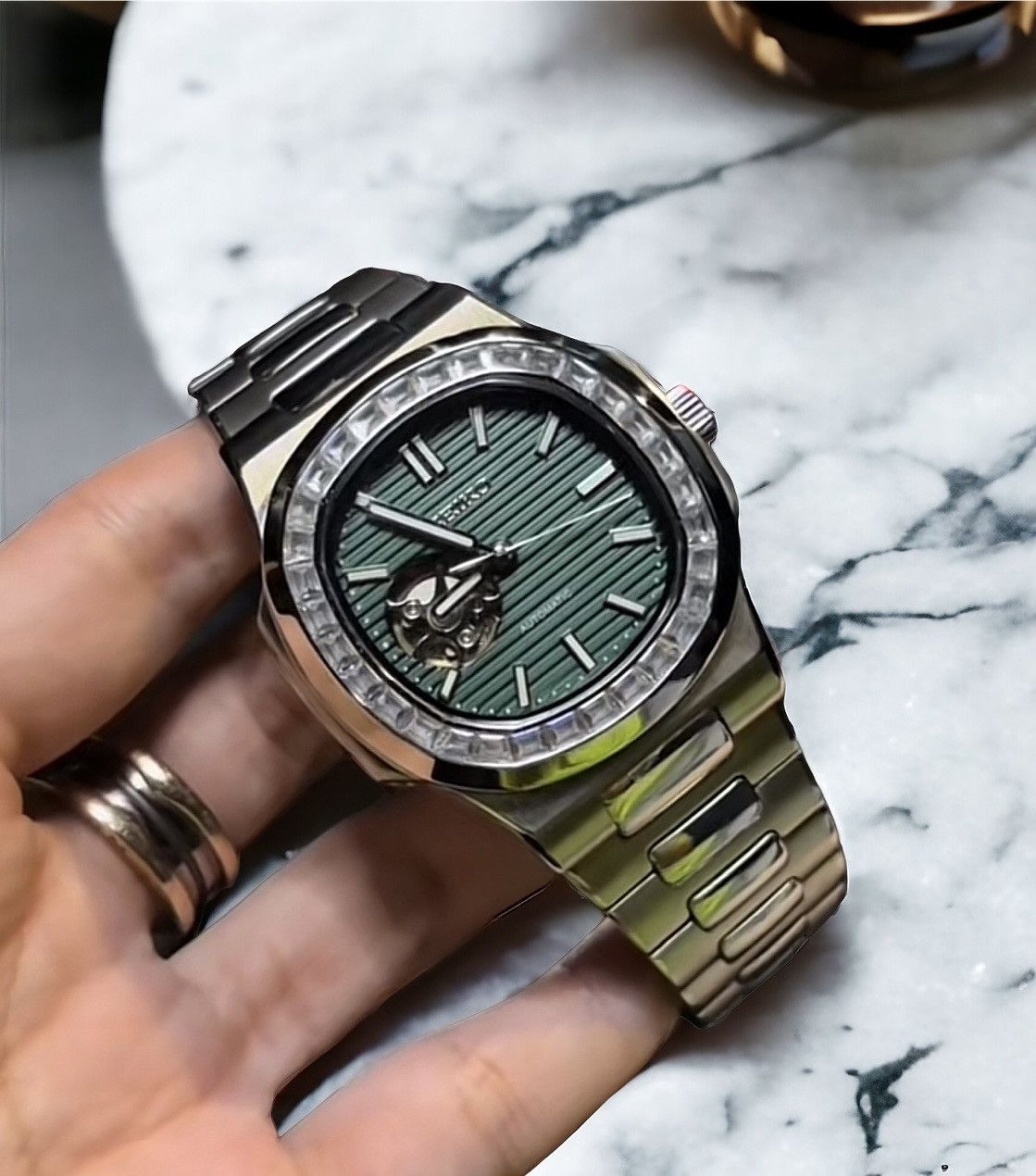 Japanese Brand × Seiko Seiko Mod NH35 Nautilus Olive Dial Diamonds ...