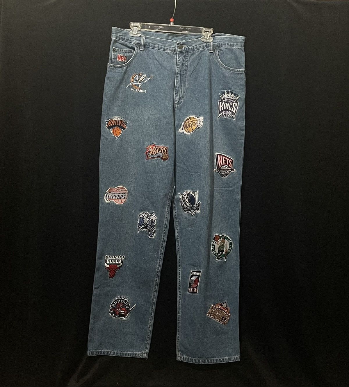 NBA × Streetwear × Vintage UNK NBA Old School Logo Patchwork Jeans ...