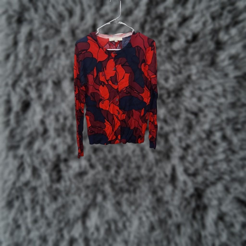 Loft LOFT Geometric Cardigan Sweater Red Knit Women’s Size S V-Neck ...