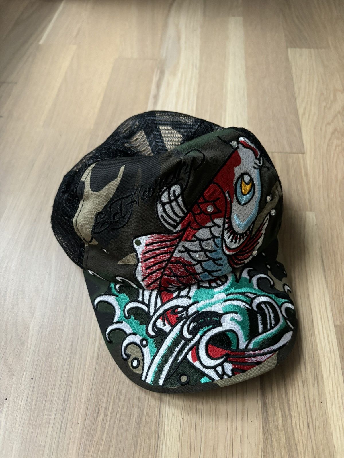 Ed Hardy Vintage Ed Hardy fish green camo cap | Grailed