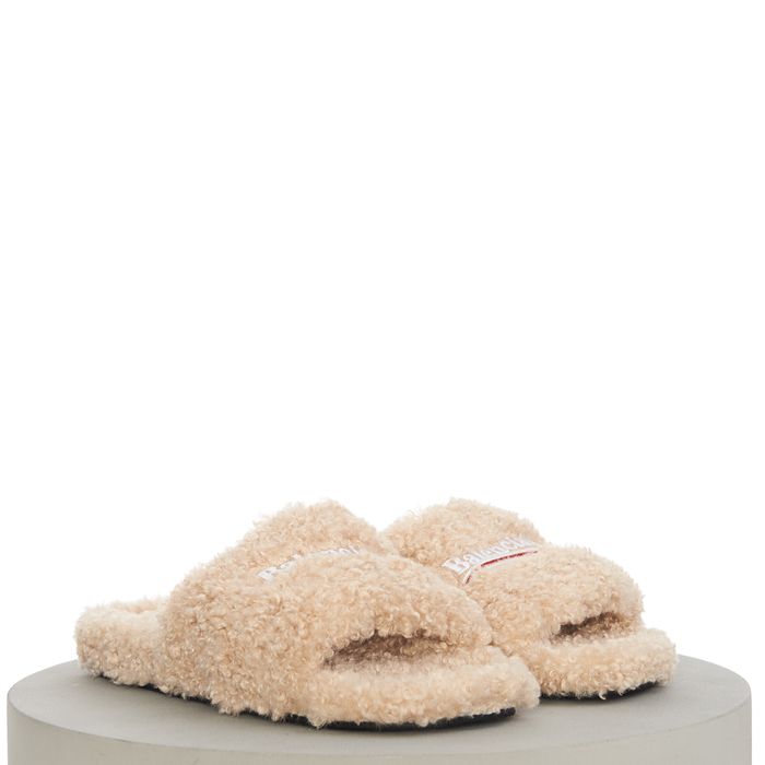 Balenciaga Men's Furry Slide Sandal In Beige Shearling With Embroidery ...