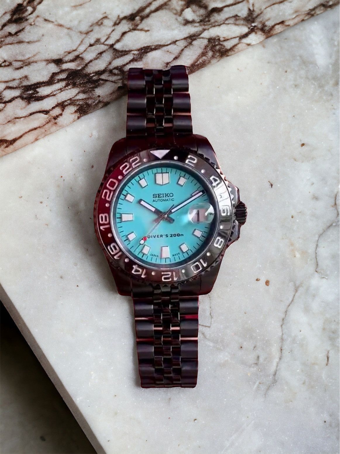 Japanese Brand × Seiko Seiko Mod GMT Turquoise Dial Black Steel Jubilee ...