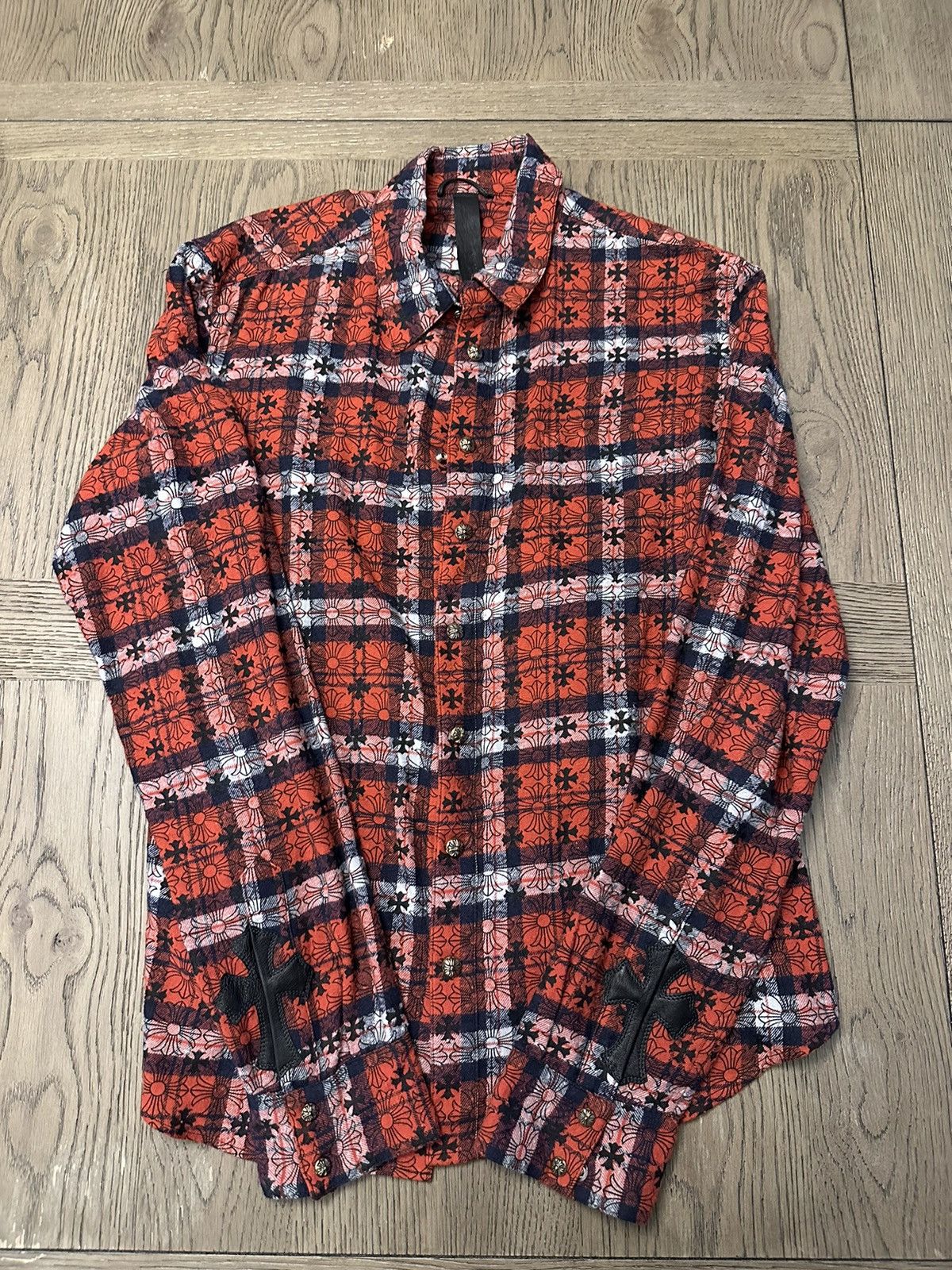 Chrome Hearts CHROME HEARTS Red button down flannel black leather ...