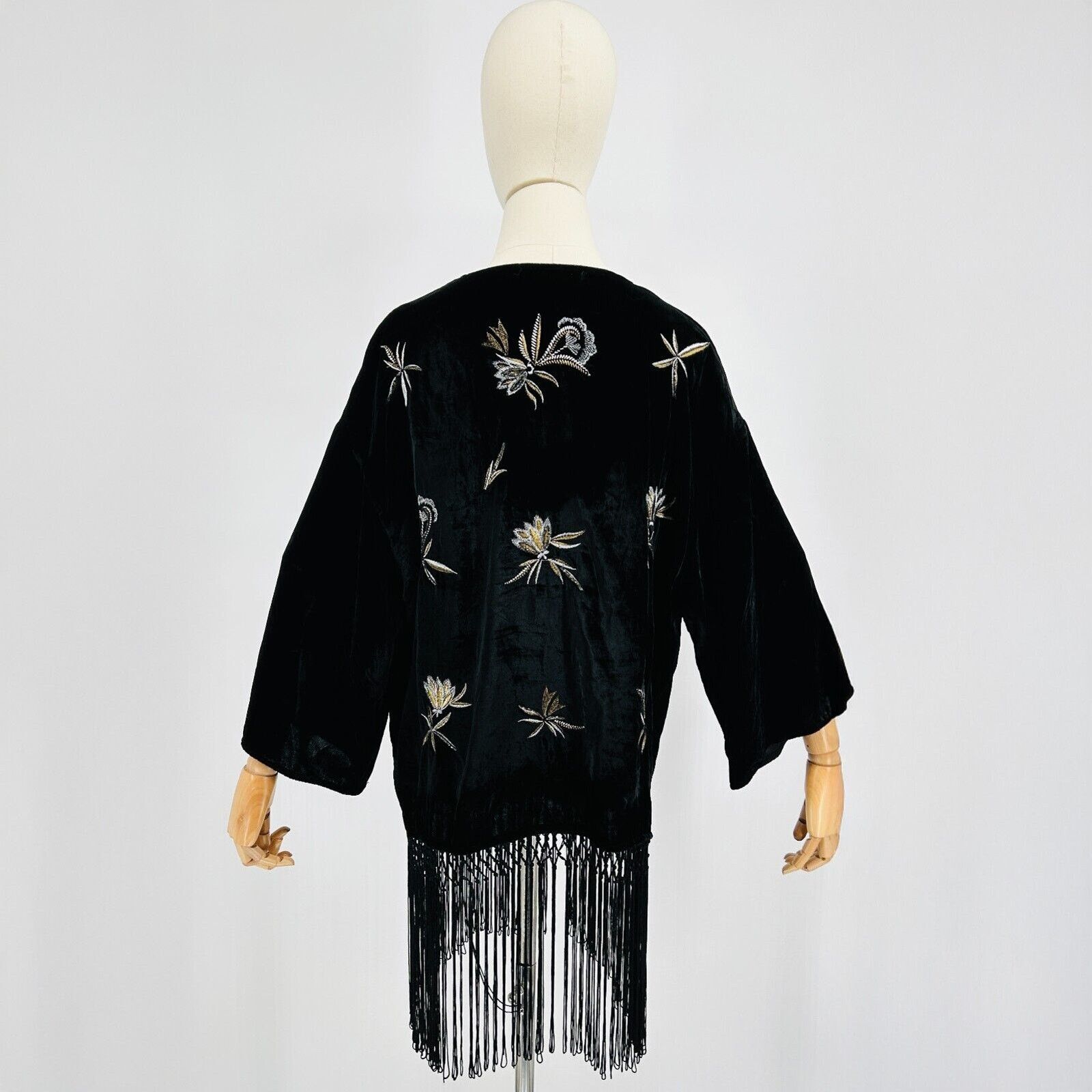 Vintage Black Velvet Kimono Duster w Fringe Silver Gold Embroidery ...