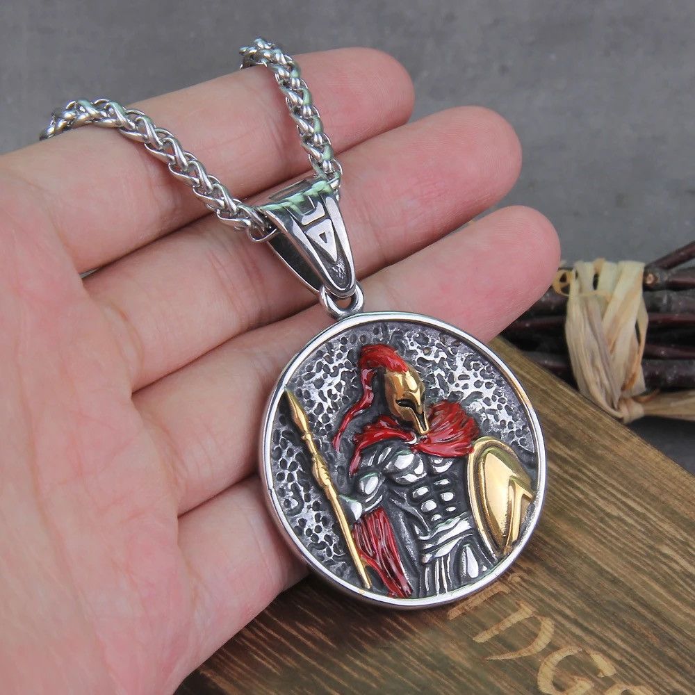 Cuban Link Chain Ancient Greek Warrior Spartan Shield Pendant Necklace ...