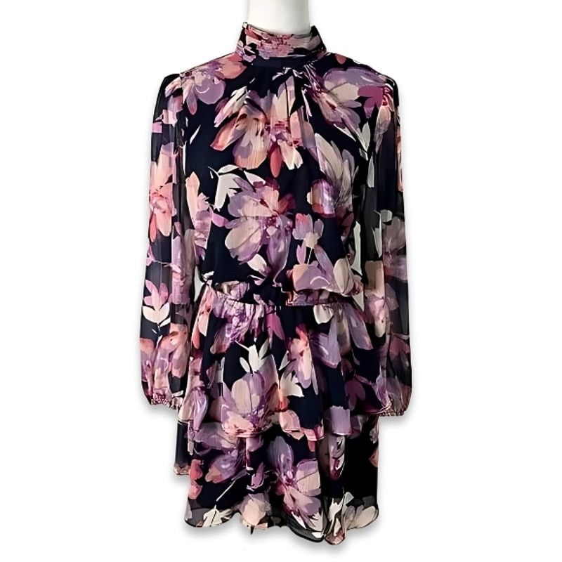 Unlisted Socialite Mini Dress Tiered Sheer Long Sleeves Floral Navy S ...